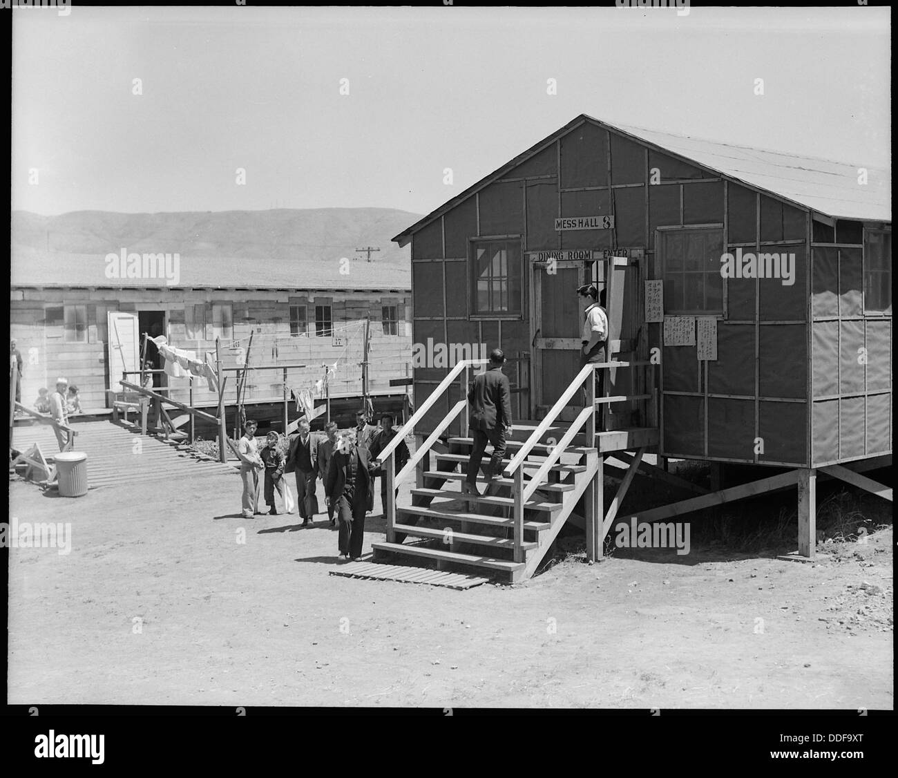 This image depicts early diners at a mess hall in San Bruno, California ...