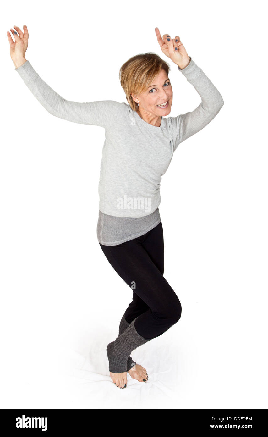 Cute woman dancing on isolated white background Stock Photo - Alamy