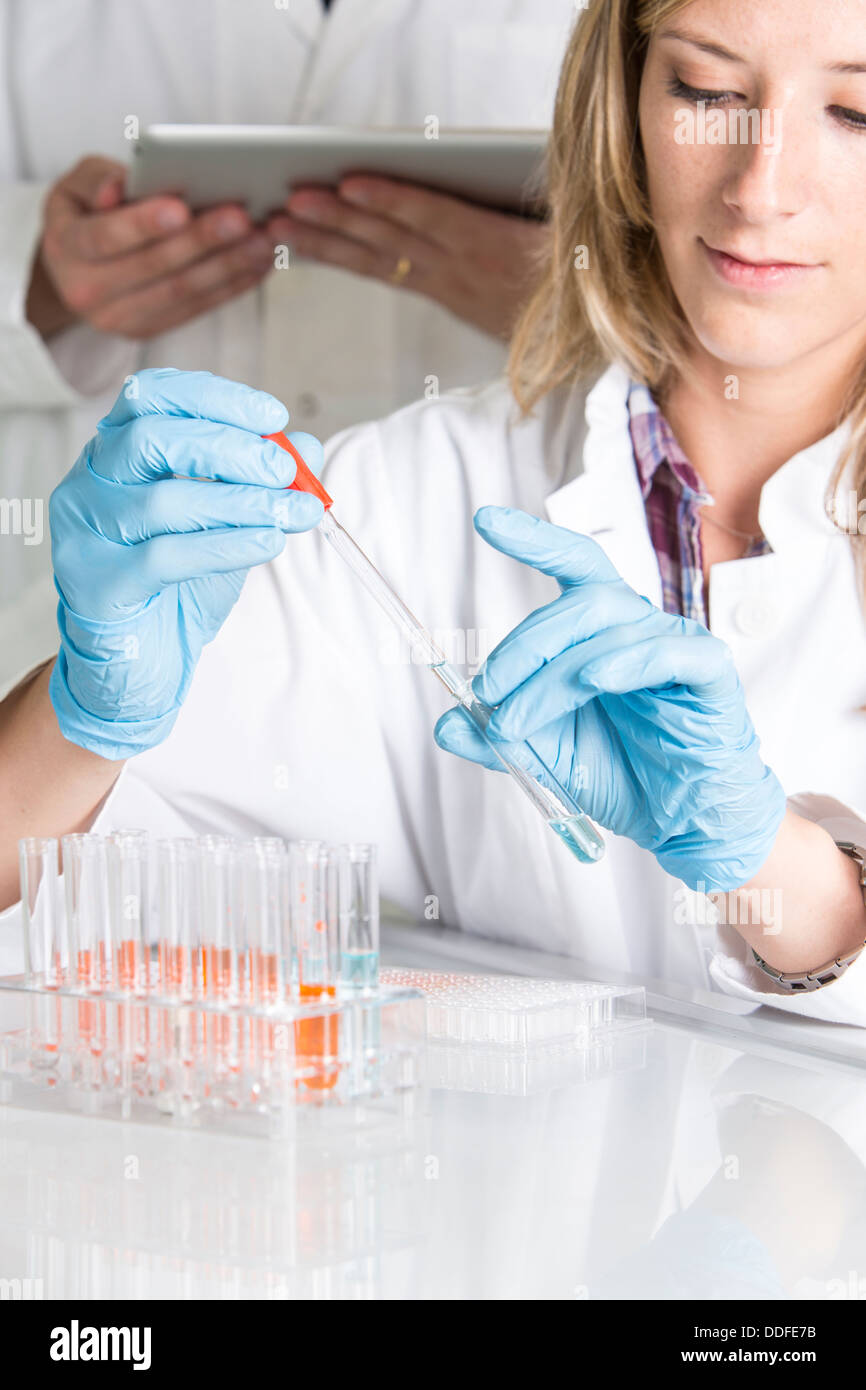 Scientists at the laboratory with chemicals and tablet computer Stock ...