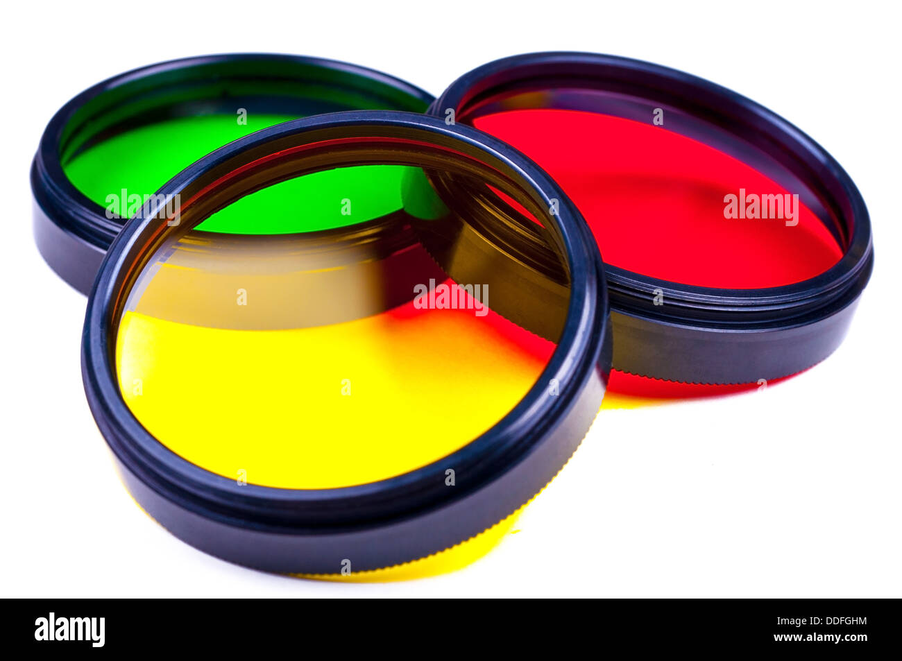 Set of various colors photofilters for SLR camera. Close-up. Isolated ...