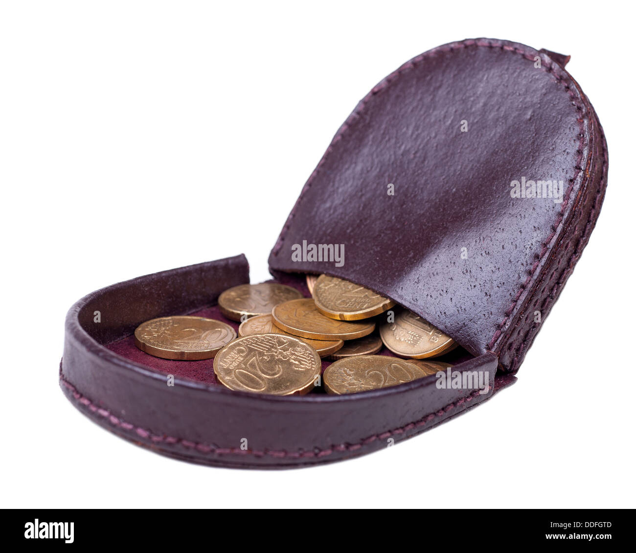 Vintage stile brown leather purse with coins inside. Close-up. Isolated ...