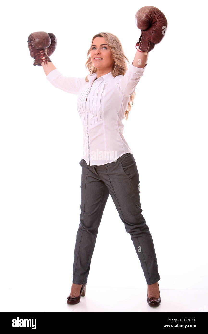 Happy 40 years old businesswoman box victory Stock Photo - Alamy