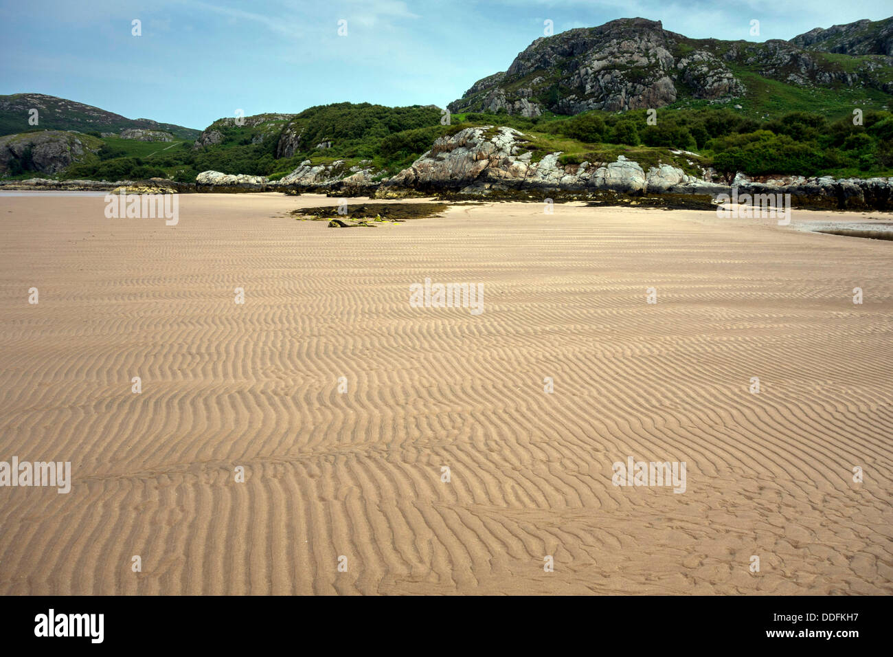 Sandy beach with ripples, blue sky, Gruinard Bay Northwest Scotland ...