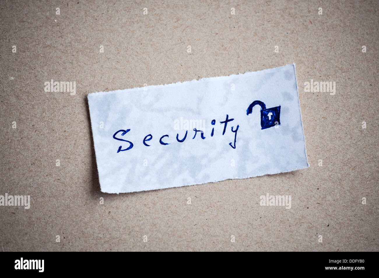 Security message,written on piece of paper, on cardboard background ...