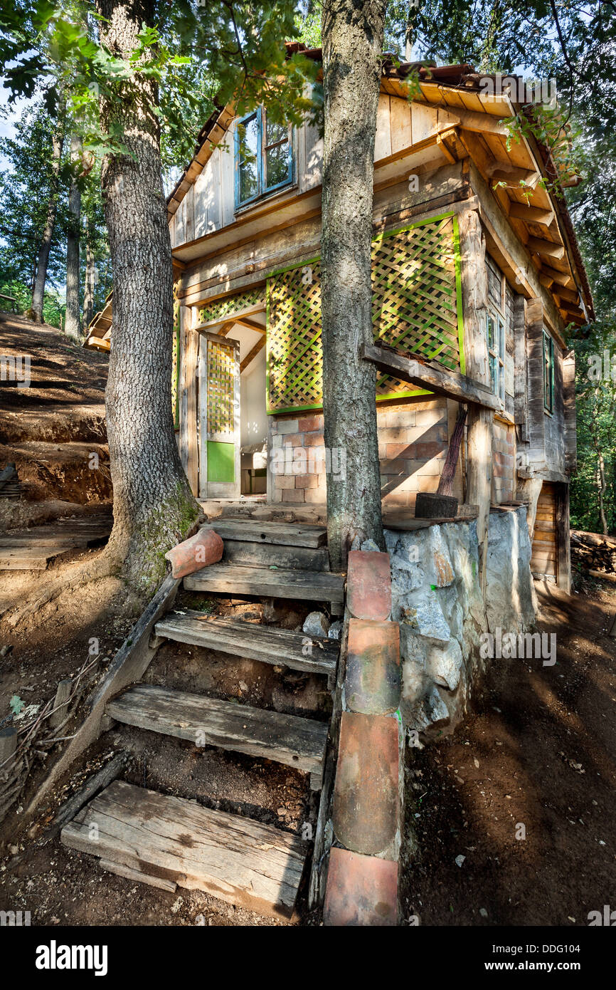 Wooden house in forest, house made of natural materials Stock Photo - Alamy