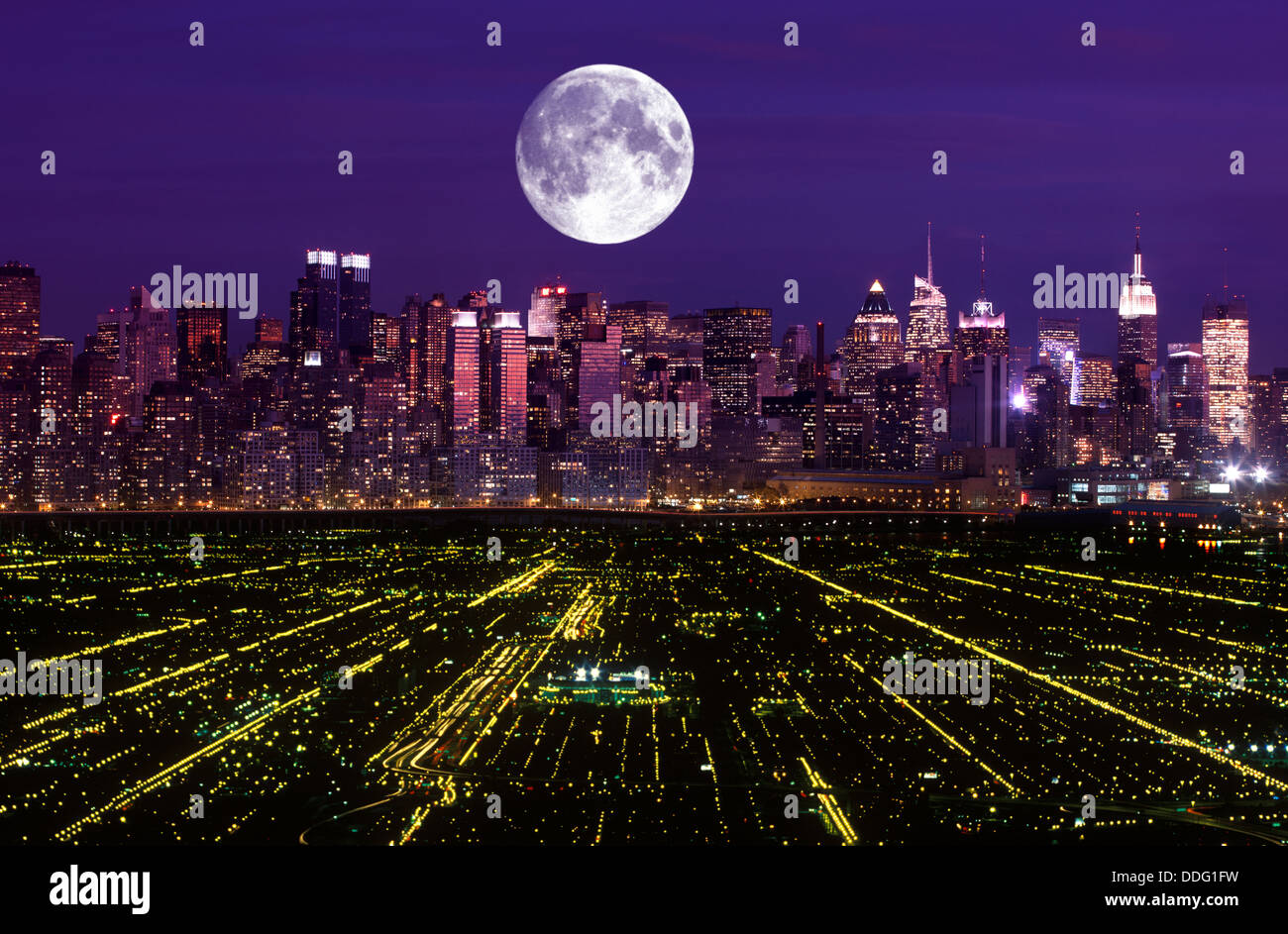 FULL MOON OVER COMPOSITE ABSTRACT MANHATTAN NEW YORK CITYSCAPE USA ...