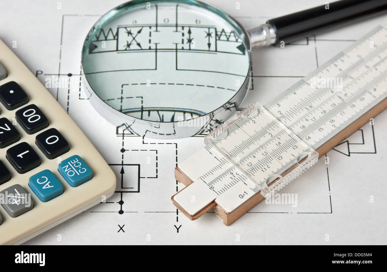 engineering tools on a technical drawing Stock Photo - Alamy