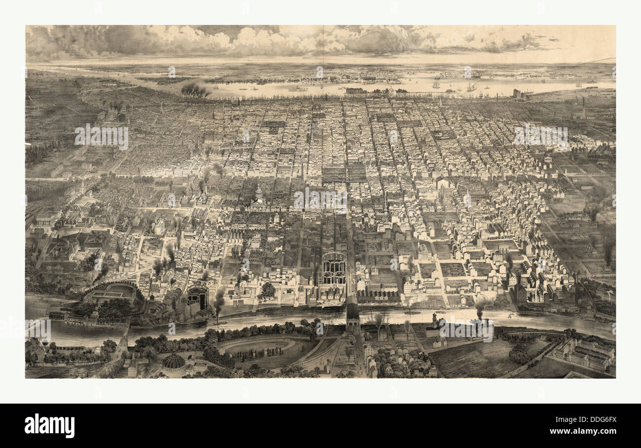 Bird's eye view of Philadelphia by John Weik, circa 1857, US, USA ...