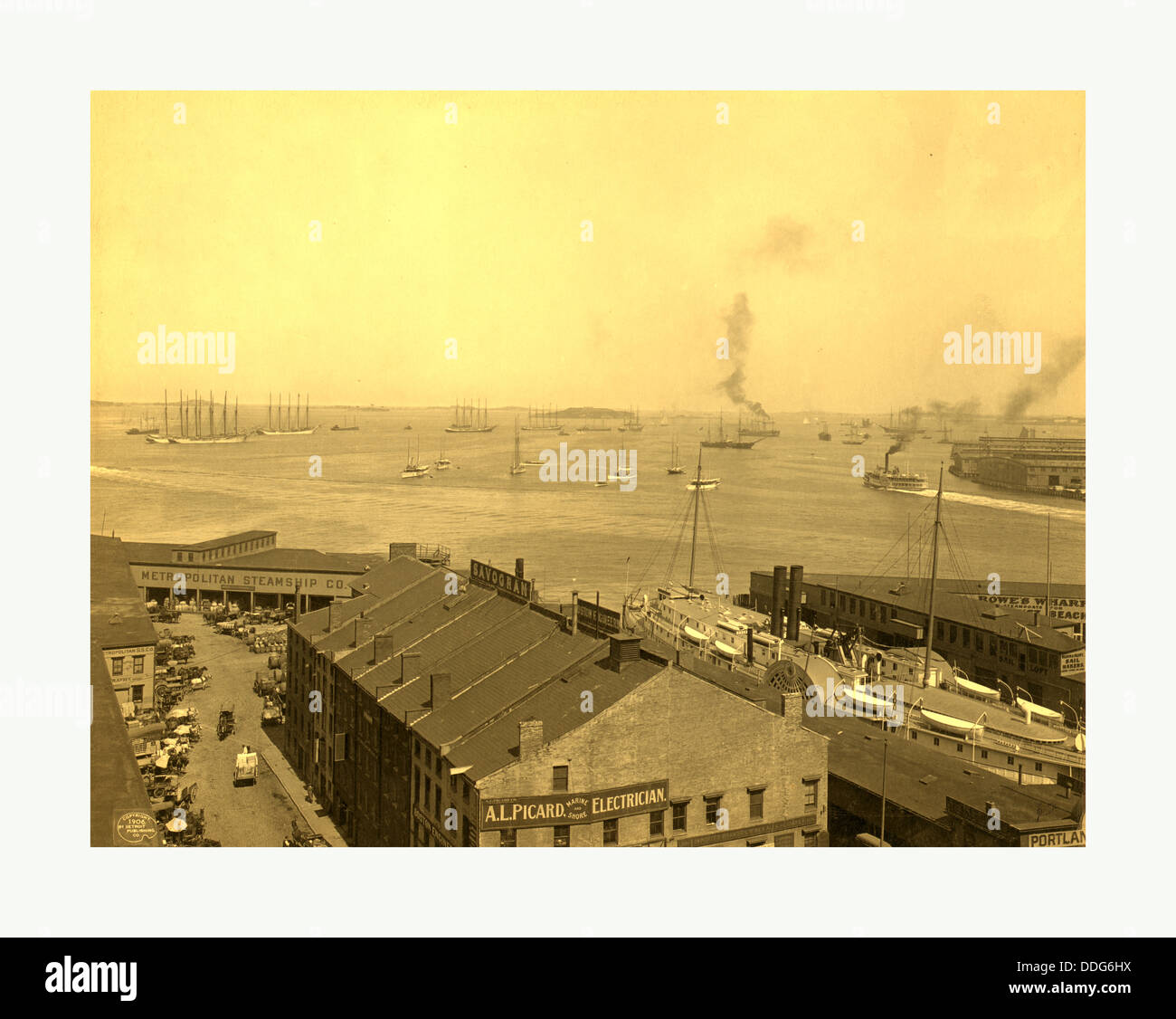 Bird's eye view of waterfront, Boston, Mass., docks and harbor, with ...