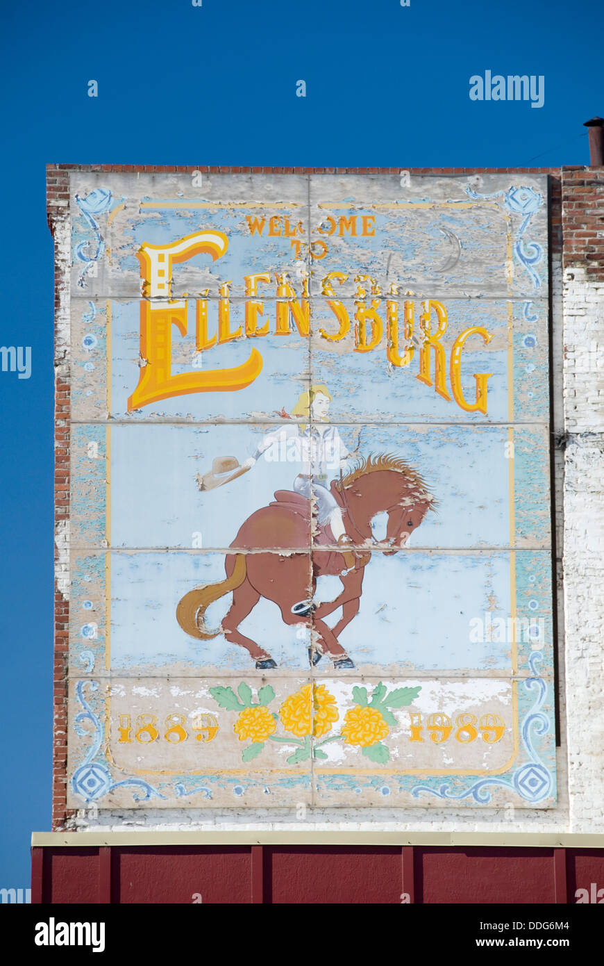 Welcome to Ellensburg mural with horse and cowgirl celebrating the ...