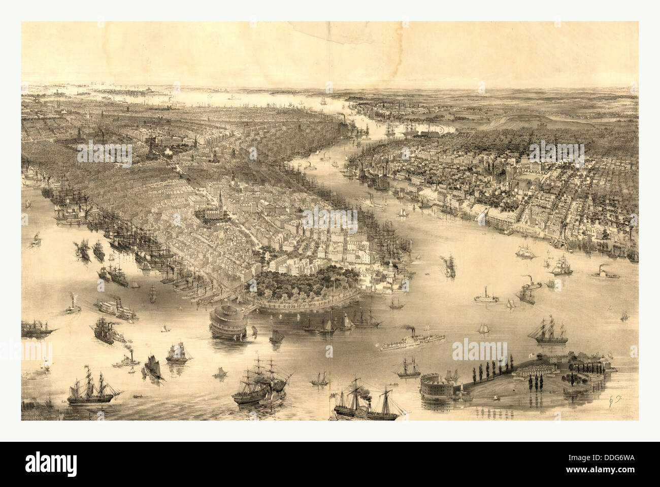 Bird's eye view of New York & Brooklyn by Kohn Bachmann, circa 1851, US ...