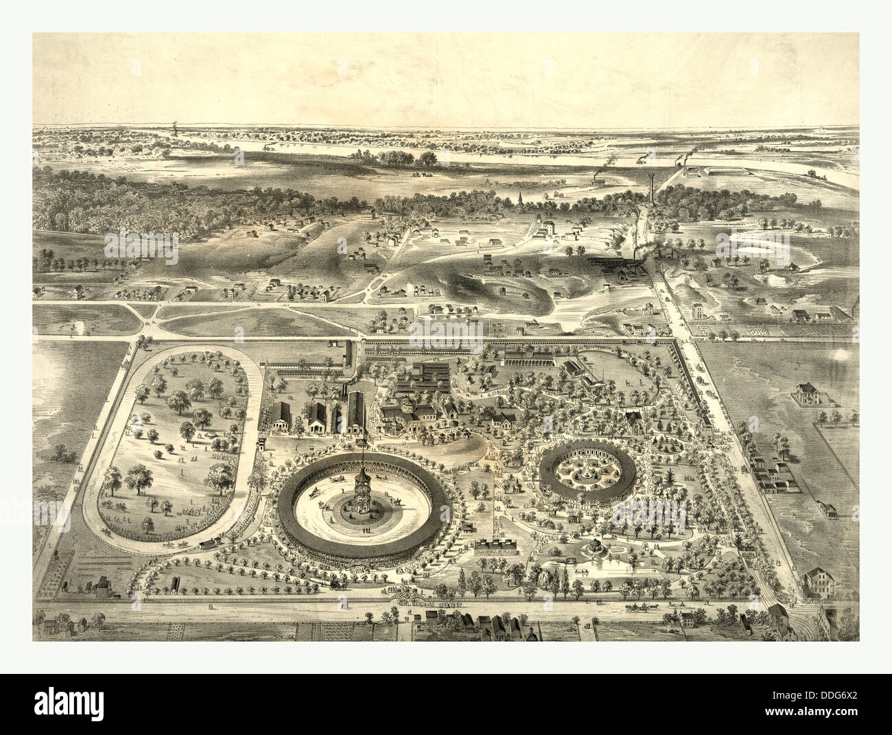 bird's eye view of fairgrounds at the St. Louis fair, circa 1874, US ...