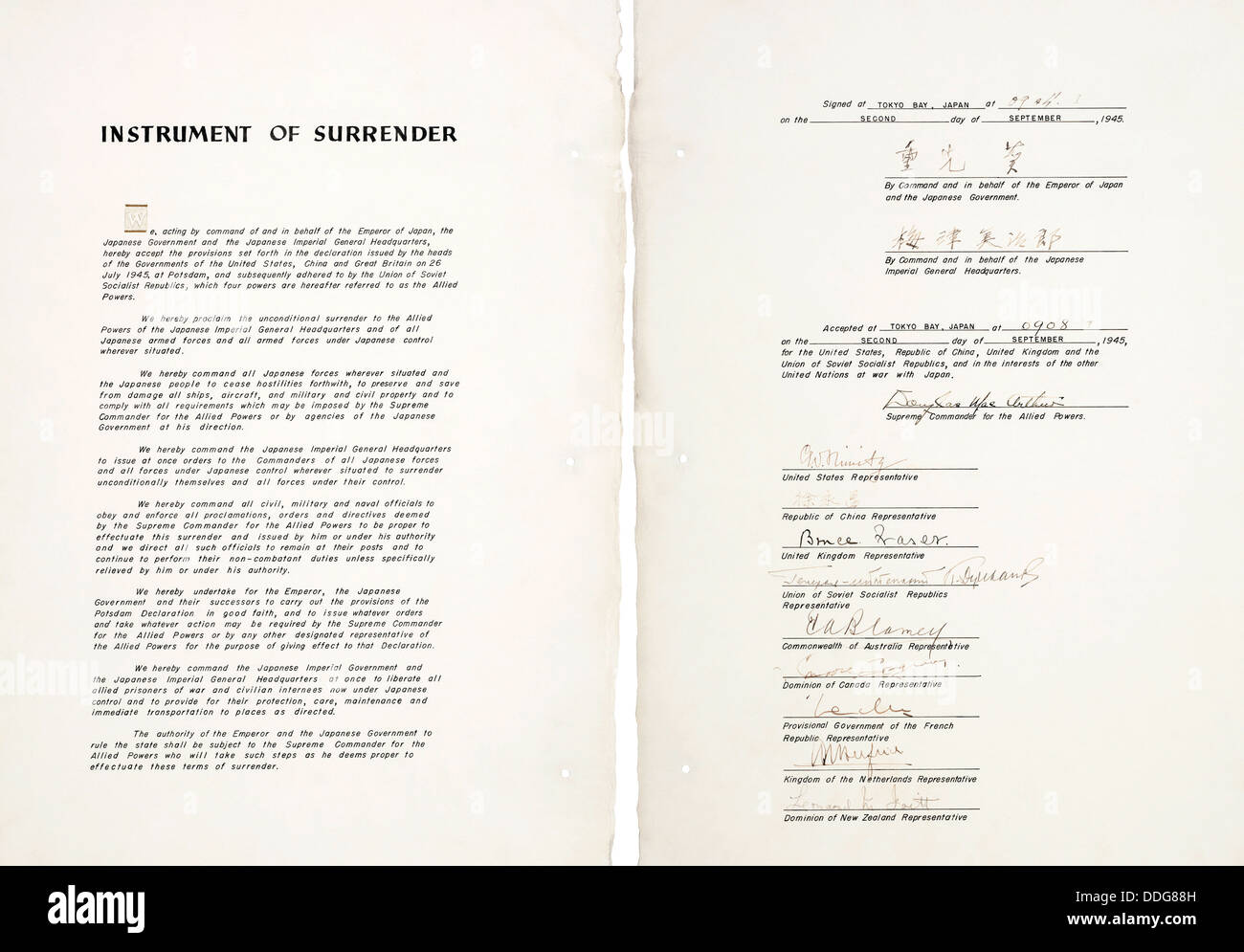 JAPAN INSTRUMENT OF SURRENDER document signed on USS Missouri in Tokyo ...