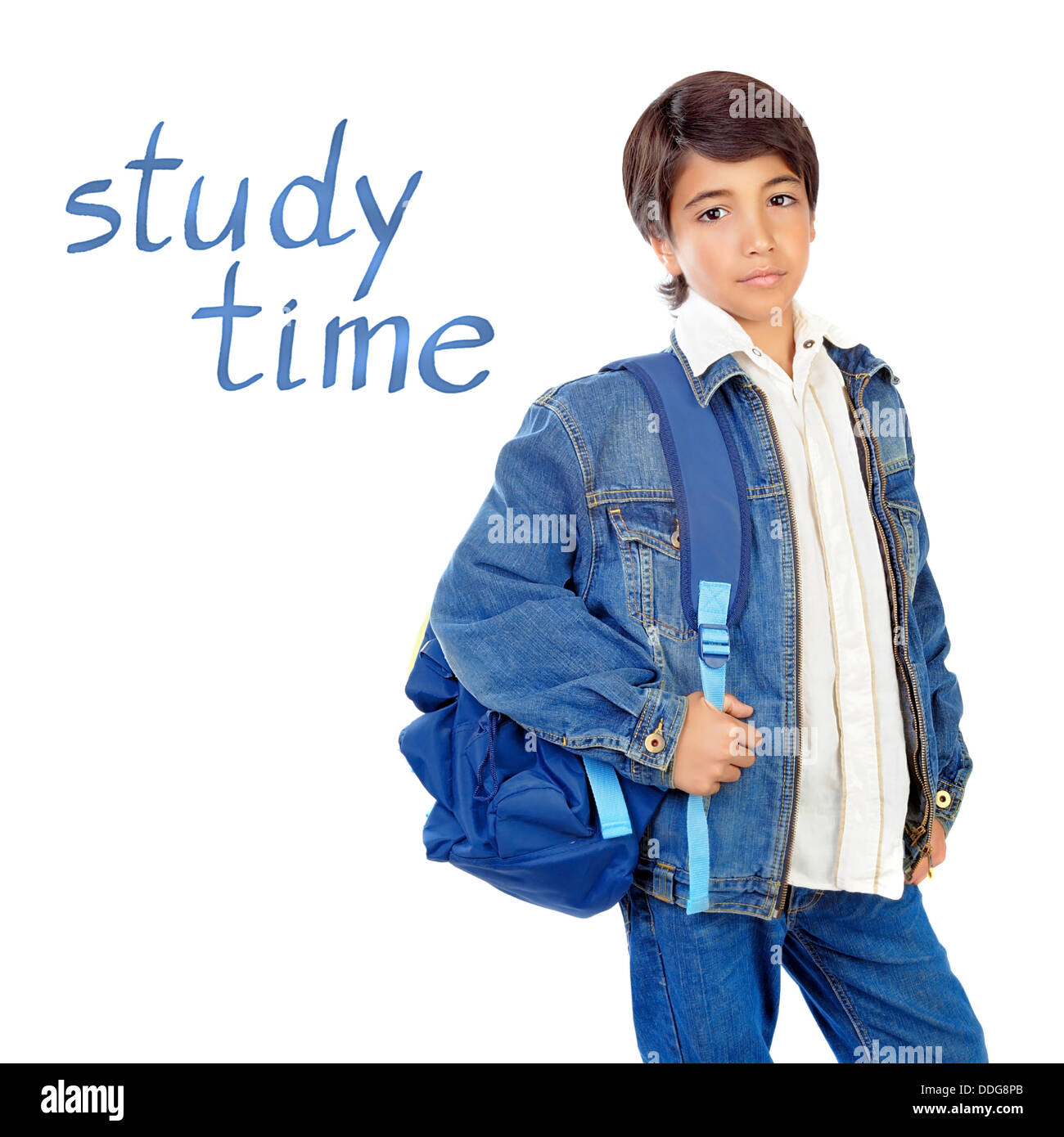 Portrait of pretty schoolboy with backpack isolated on white background ...