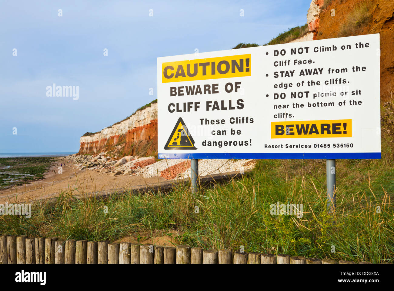 Erosion warning sign at the Coloured cliffs at Hunstanton North Norfolk ...