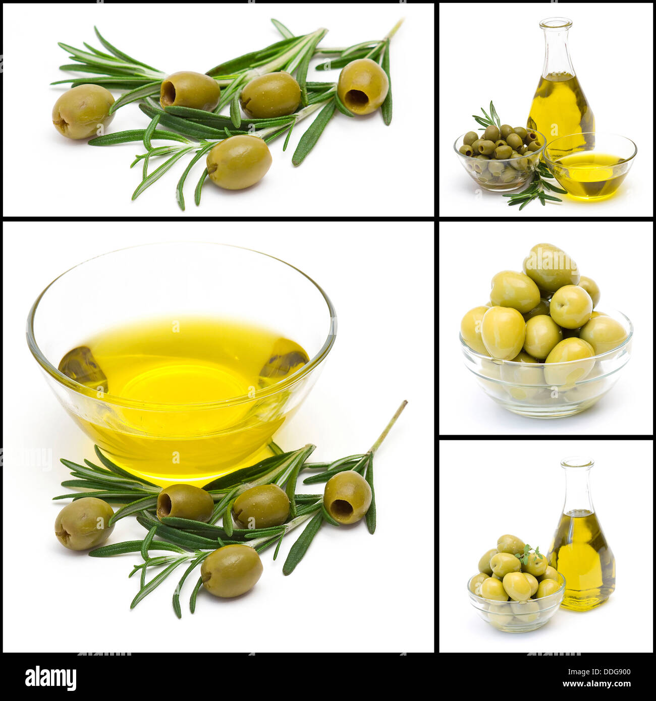 a collage of five pictures of many olives and olive oil Stock Photo - Alamy