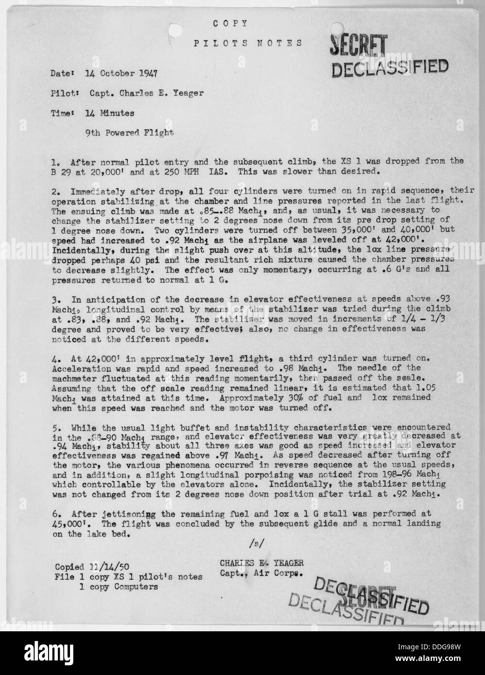 Pilot's notes from the ninth powered flight of the XS-1, detailing ...