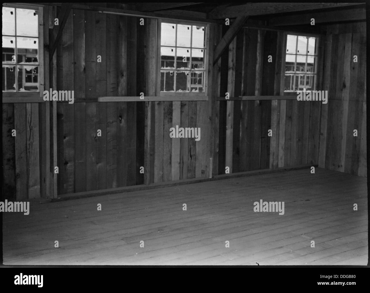 An interior view of barrack construction at the Poston War Relocation ...