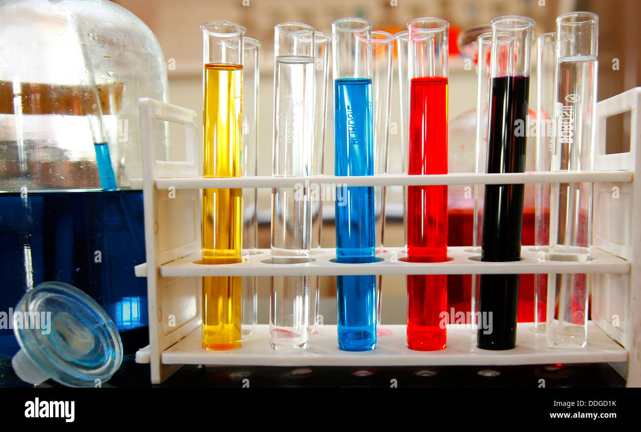 Laboratory glassware with colorful liquid Stock Photo - Alamy