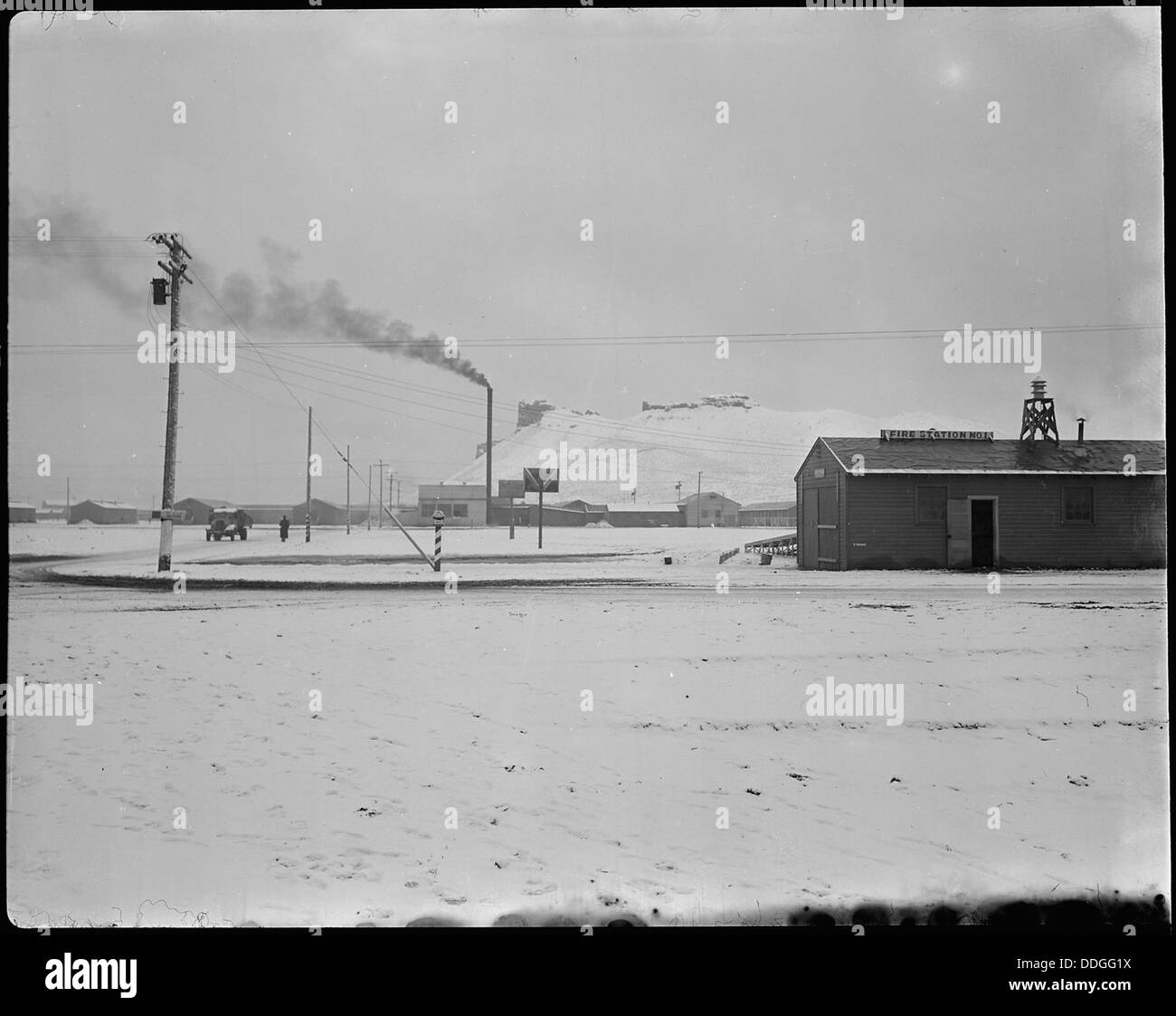 A wintry view of the Tule Lake Relocation Center in Newell, California ...