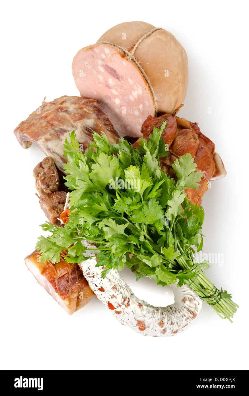 Cooked meat and sausages isolated Stock Photo - Alamy