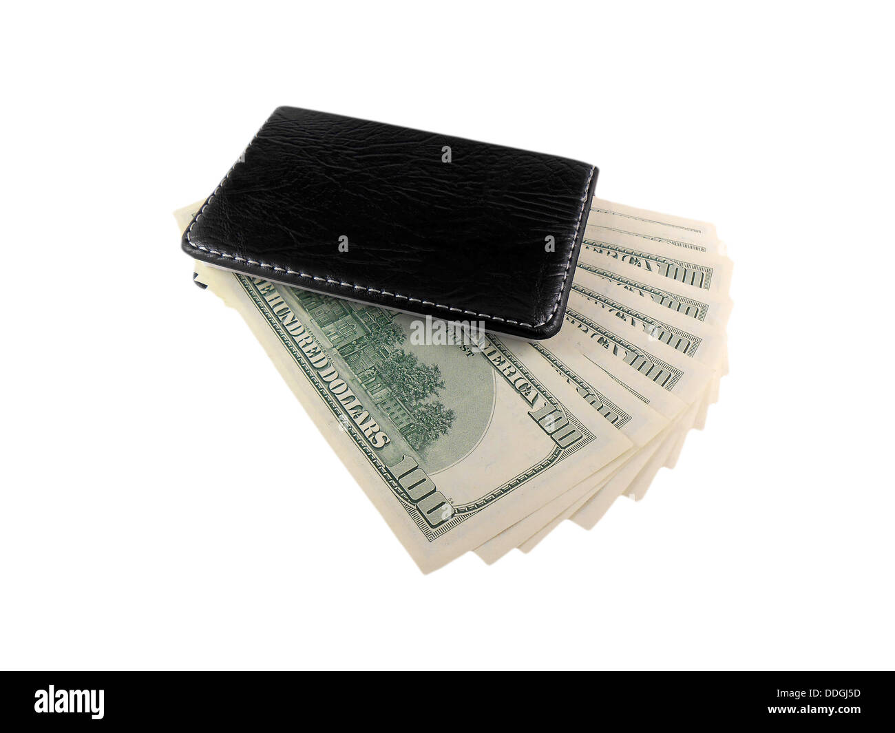 Black leather wallet with dollars white isolated Stock Photo - Alamy