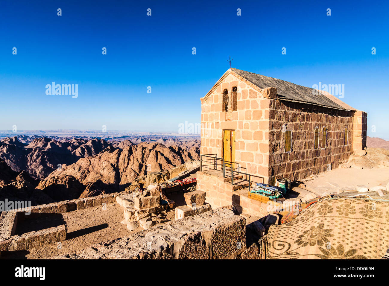 Orthodox chapel on top of Mt Sinai and rocky desert view, Egypt Stock ...