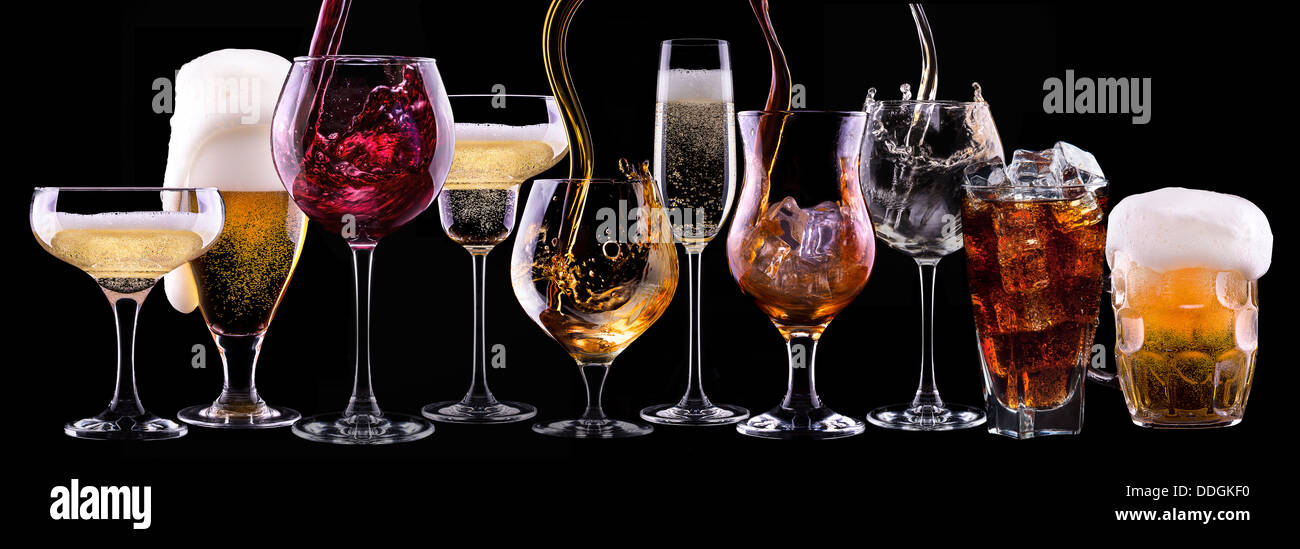 different images of alcohol - beer, martini, cola, champagne, wine ...