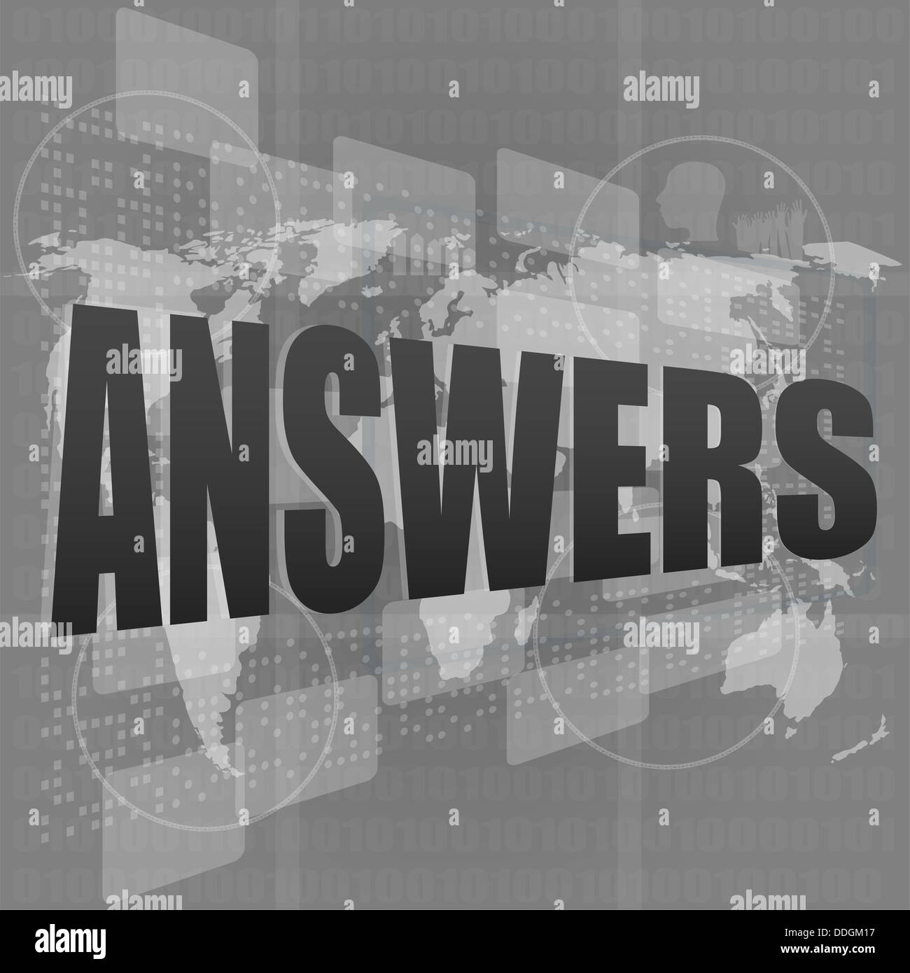 Pixeled word answers on digital screen with world map Stock Photo - Alamy