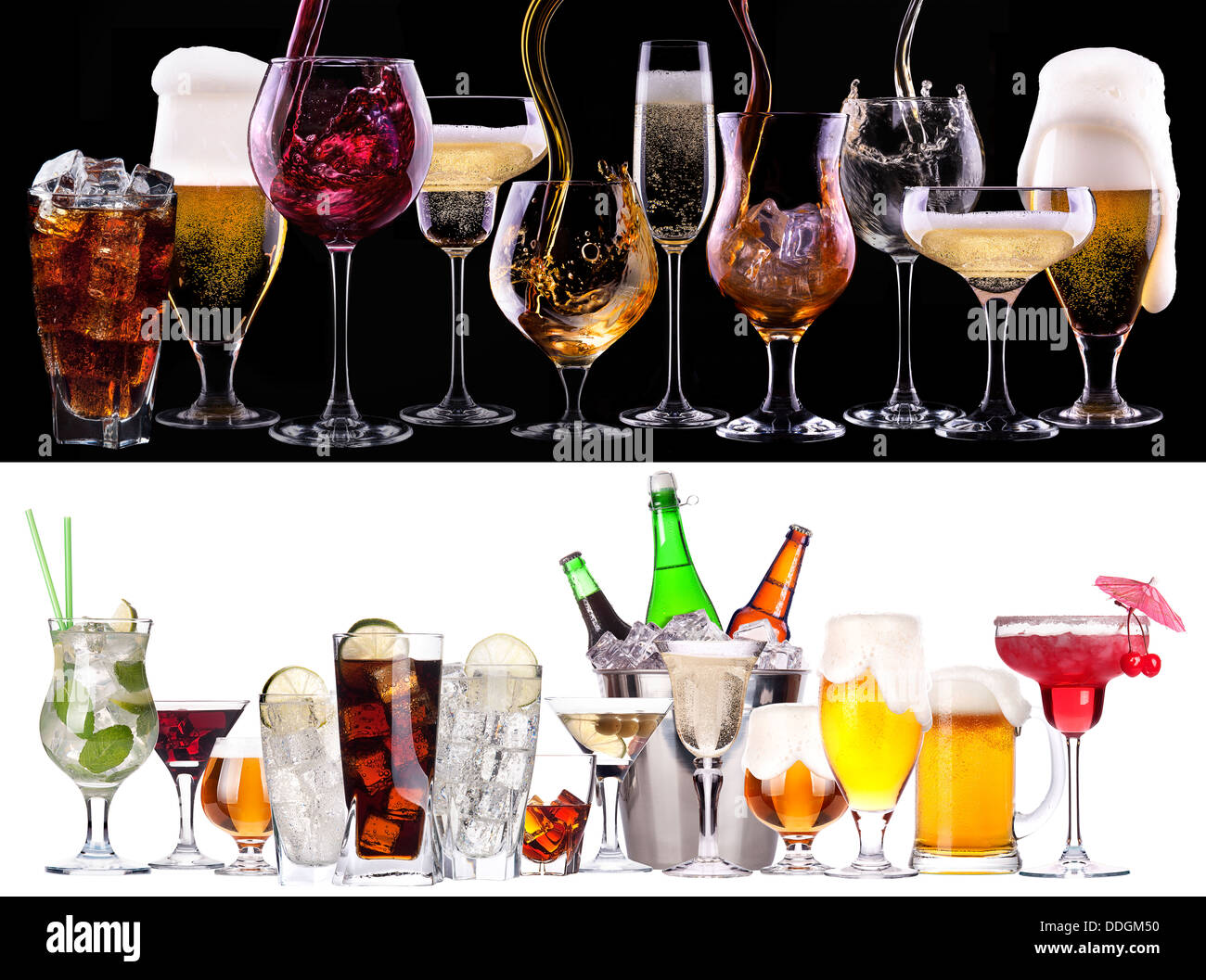 different images of alcohol - beer, martini, cola, champagne, wine ...