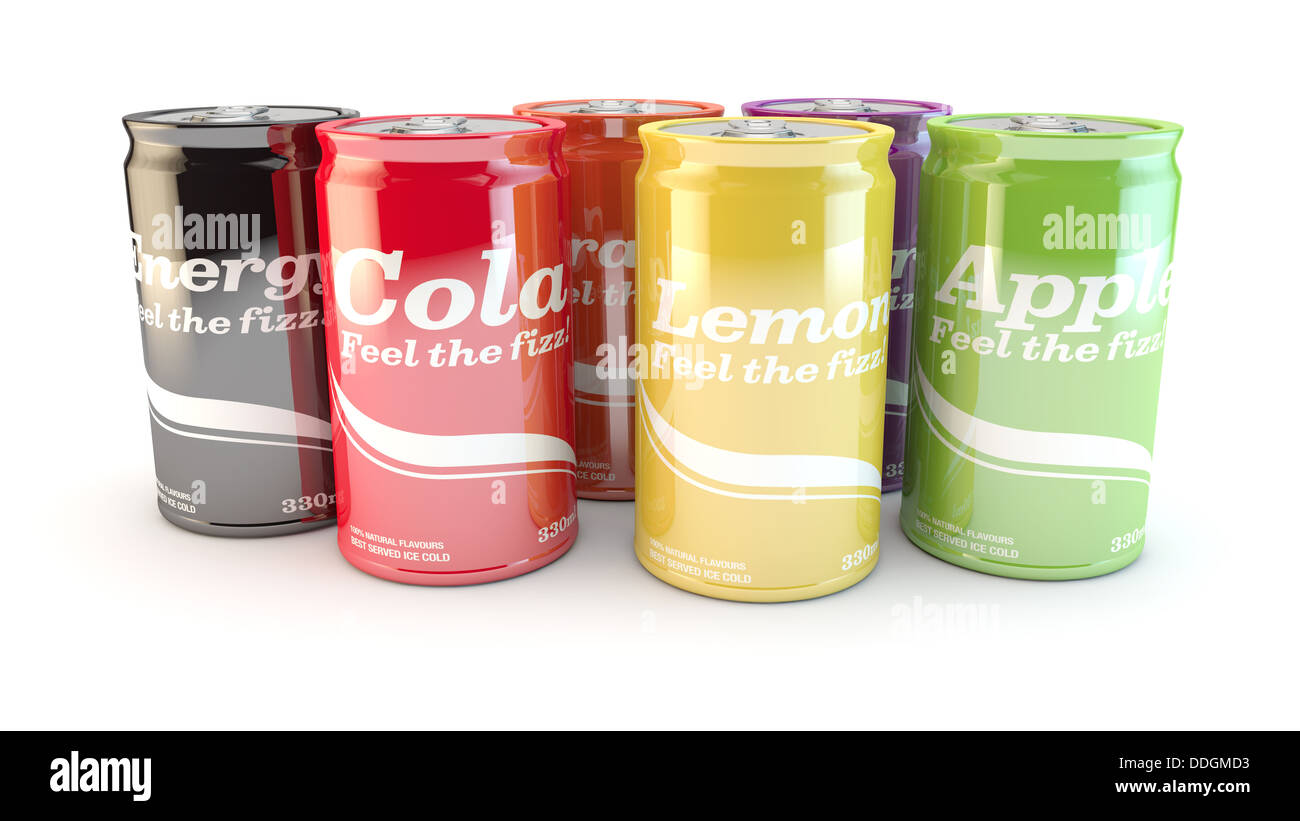 different cans of soda or drinks on a white background Stock Photo - Alamy