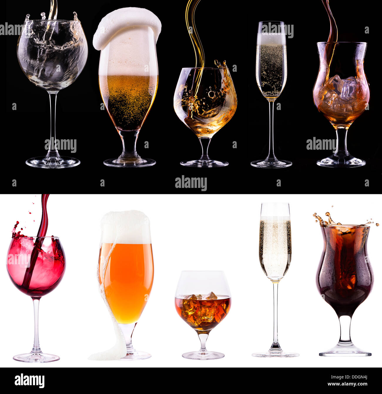 different images of alcohol - beer, martini, cola, champagne, wine ...