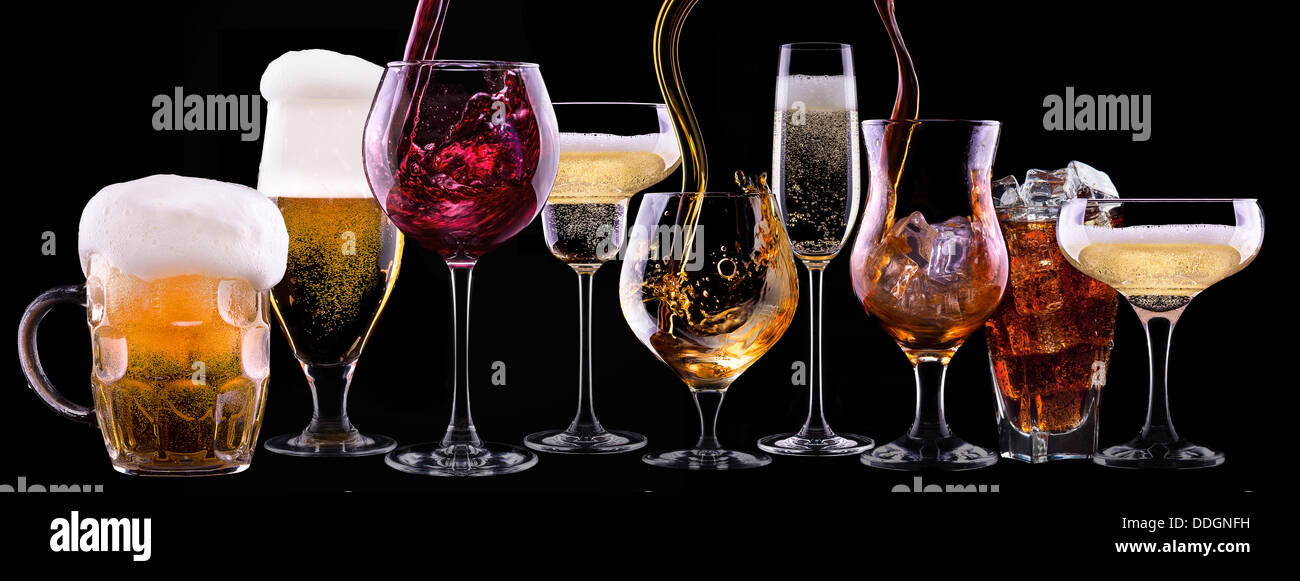 different images of alcohol - beer, martini, cola, champagne, wine ...