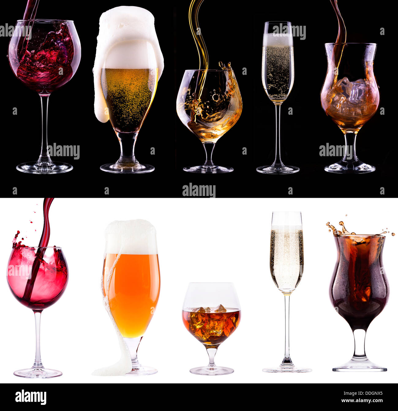 different images of alcohol - beer, martini, cola, champagne, wine ...