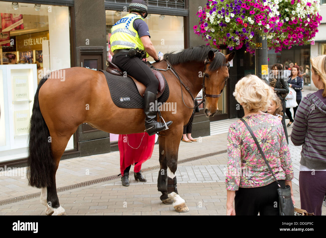 Mounted policeman helping public Stock Photo - Alamy