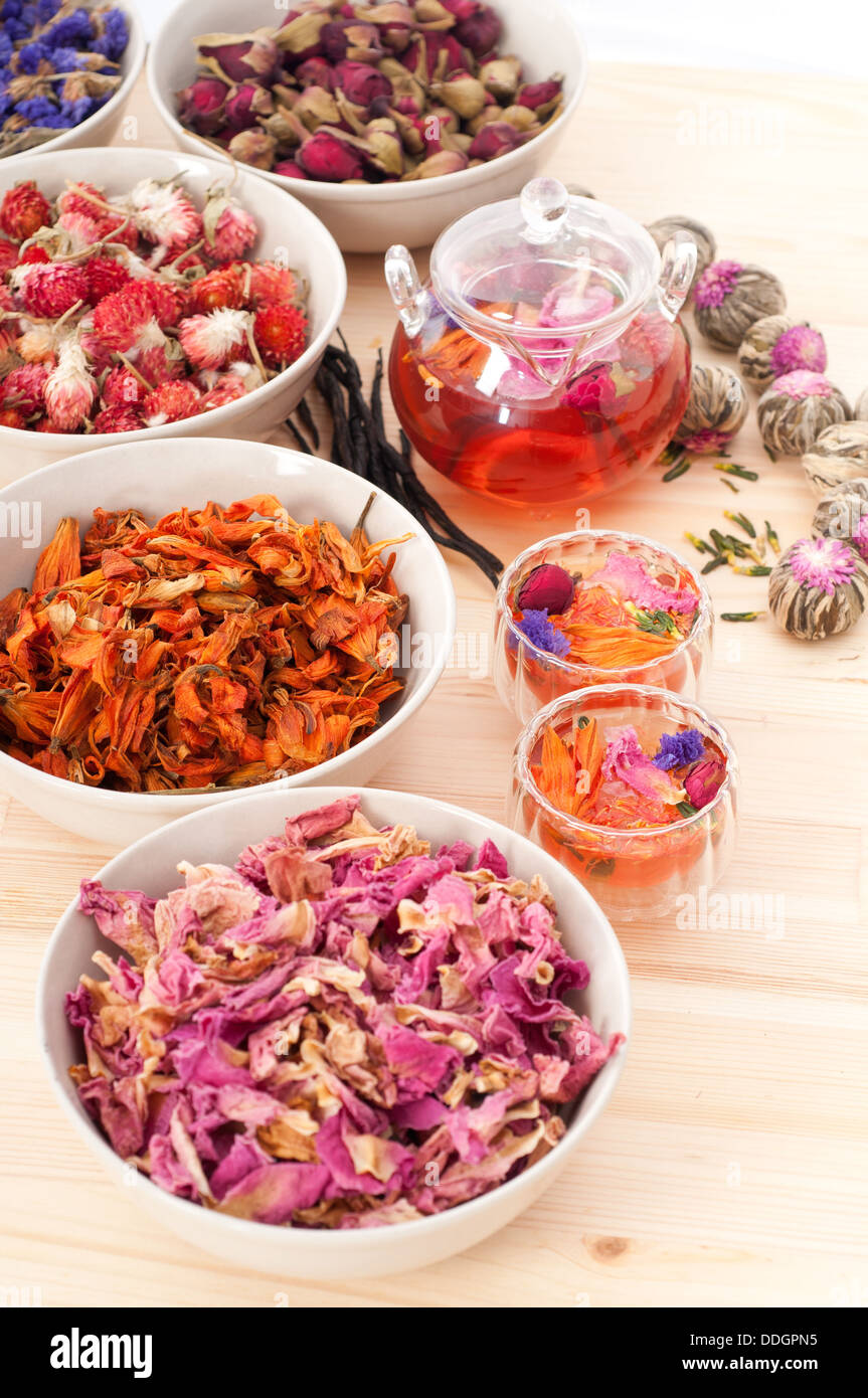 Herbal natural floral tea infusion with dry flowers Stock Photo - Alamy
