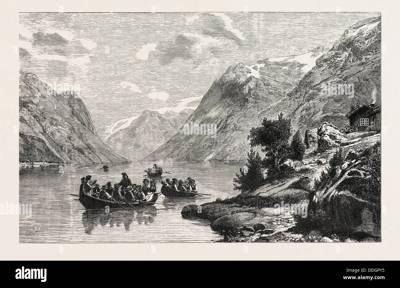 THE RETURN FROM THE WEDDING, HARDANGER FJORD. Hardangerfjord in the ...