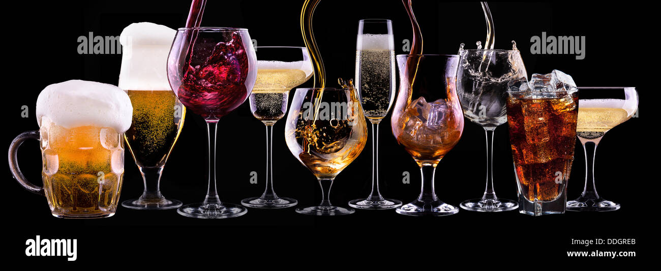 different images of alcohol - beer, martini, cola, champagne, wine ...