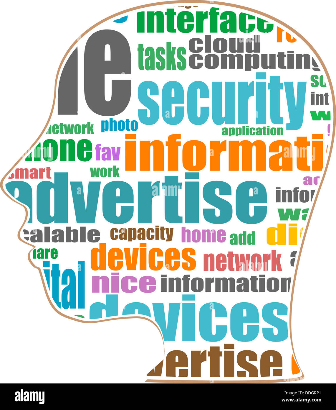 Learning concept in tag cloud of human head shape on white background ...