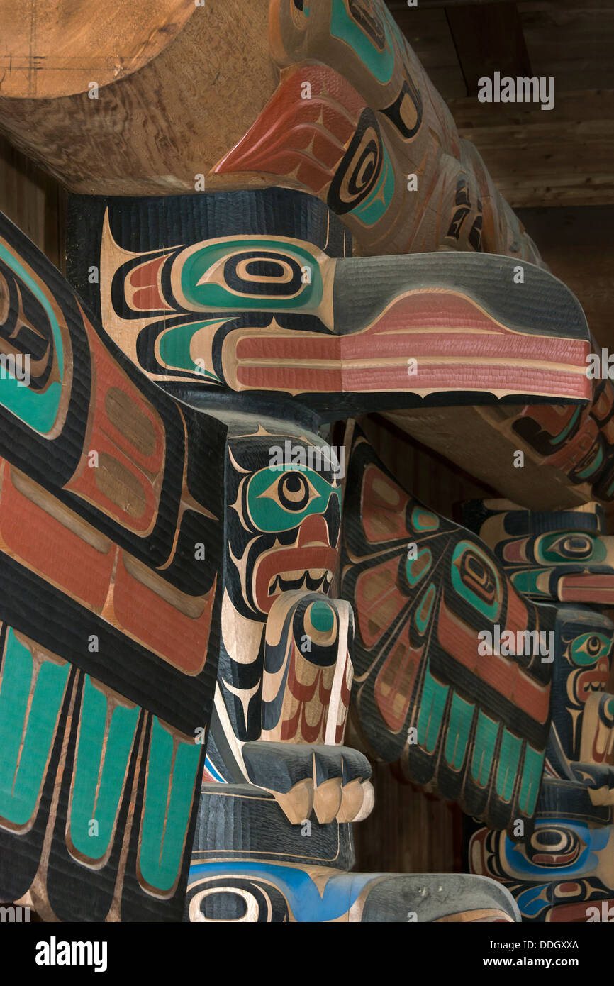 Detail of raven totem inside Klemtu big house, mid-coastal British ...