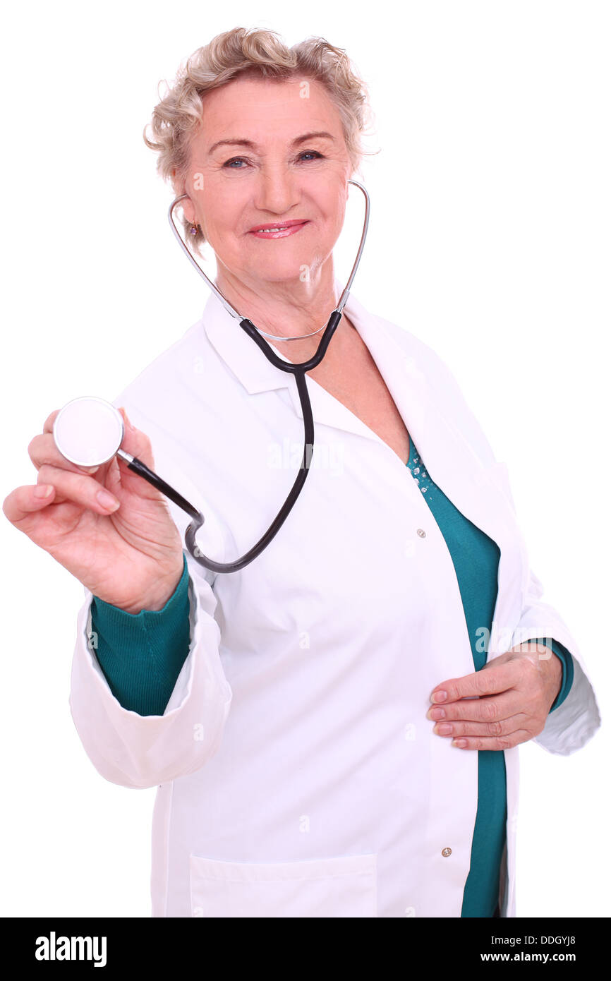 Happy old lady in doctor uniform Stock Photo - Alamy