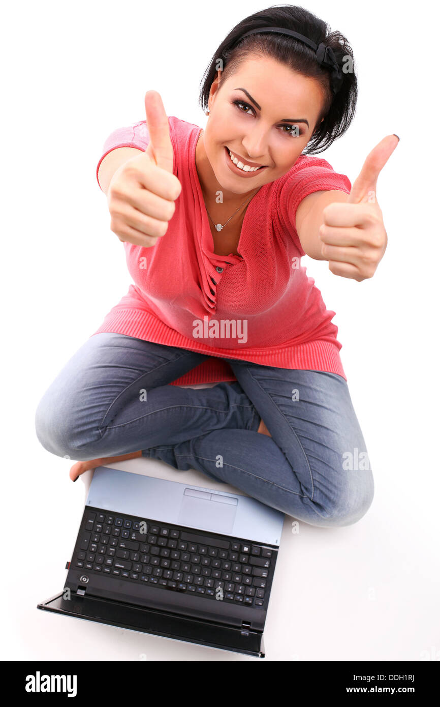 Young happy woman with laptop Stock Photo - Alamy