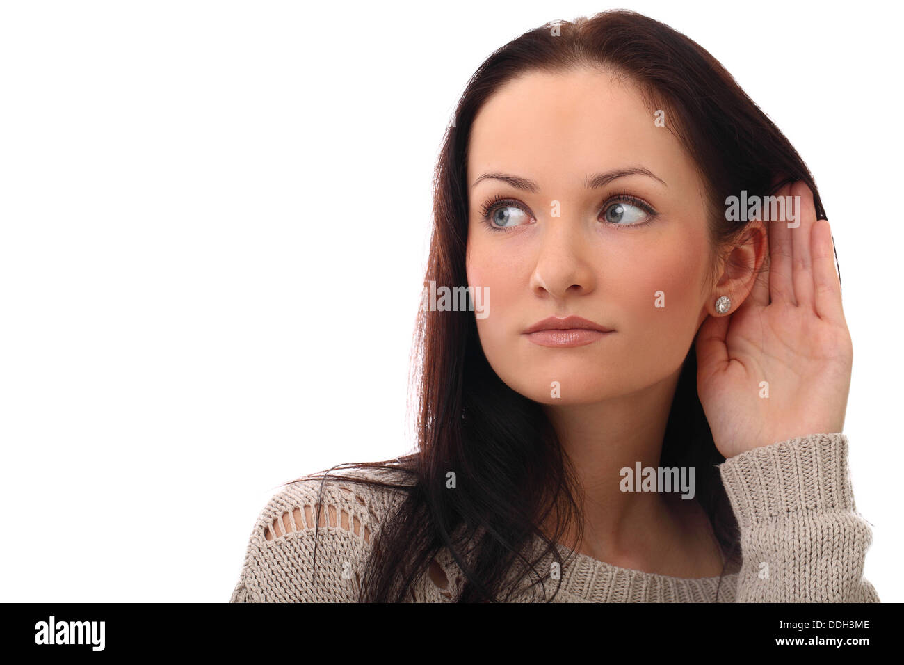 Beautiful and attractive girl listening gesture Stock Photo - Alamy