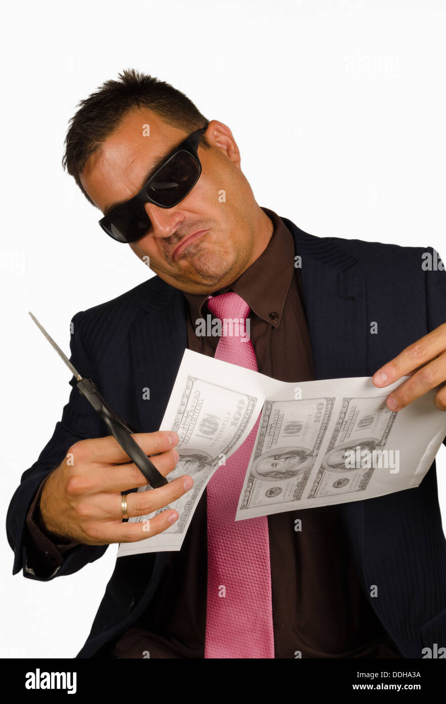 Mafia looking type of guy forging dollar bills Stock Photo - Alamy