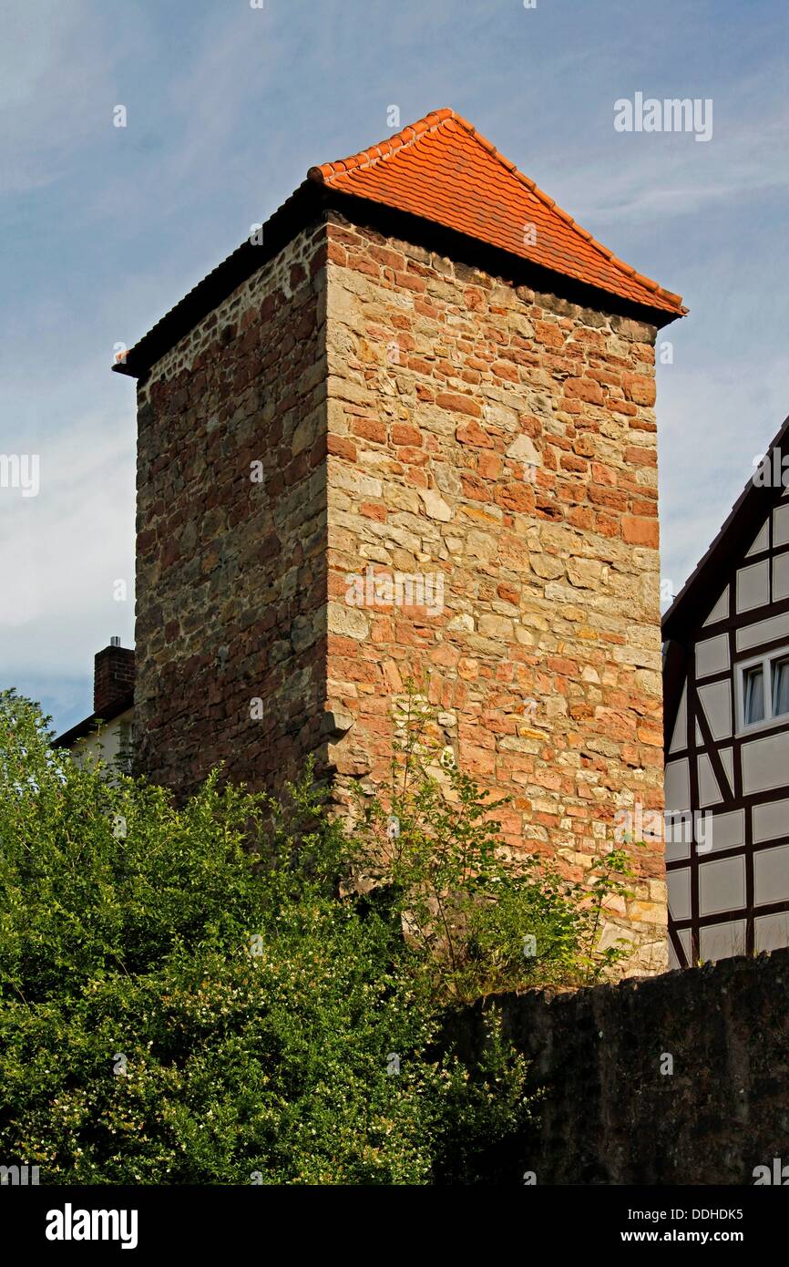 tower of the city wall, half-timbered house, Spangenberg, Schwalm-Eder ...