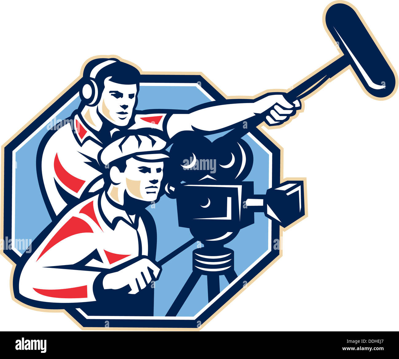 Illustration of a cameraman with vintage film movie camera and soundman ...