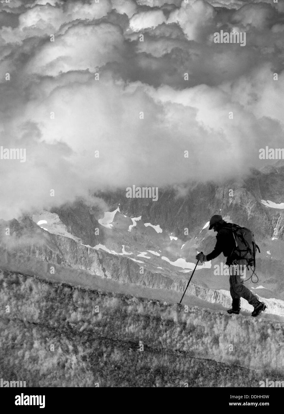 one man climbing in French Alps, Chamonix region, close to Aiguille du ...