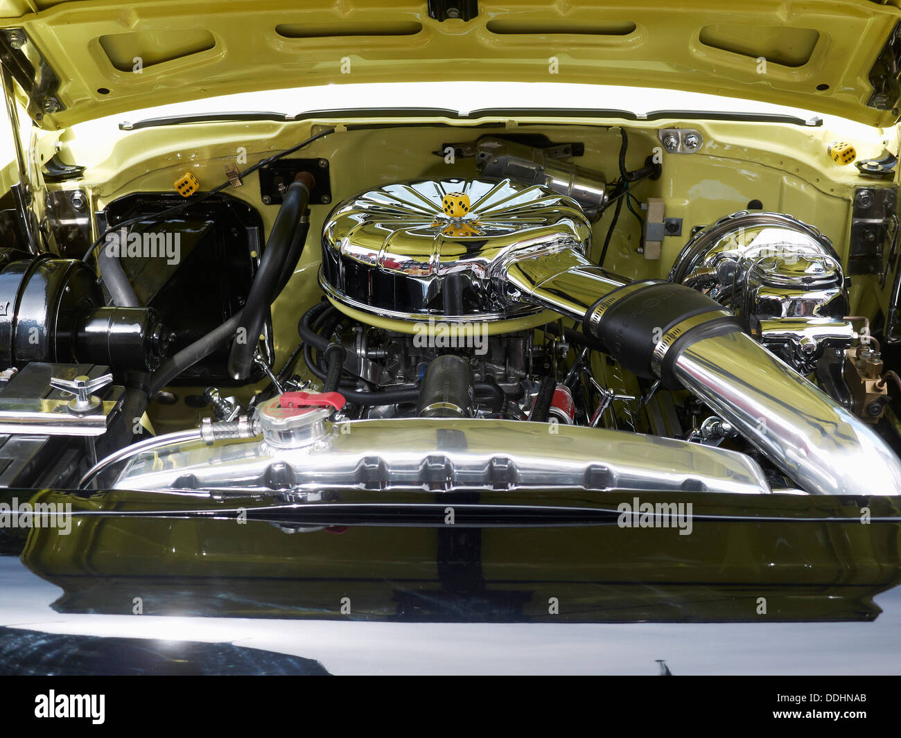 Chromed engine compartment of a Chevrolet Bel Air classic car Stock ...