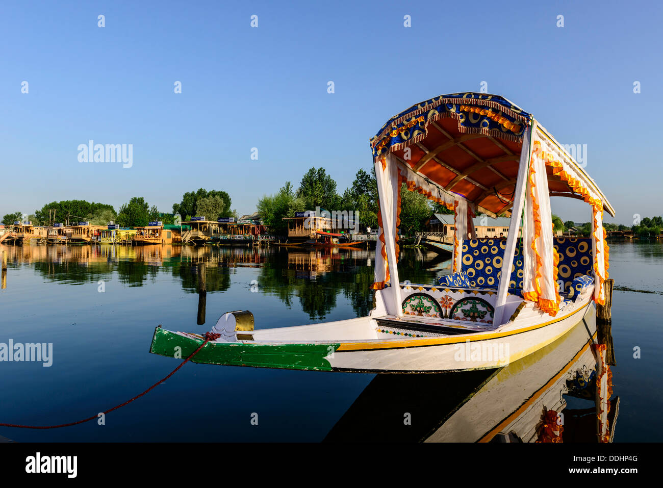 Shikara boat on Dal Lake, houseboats at the back Stock Photo - Alamy
