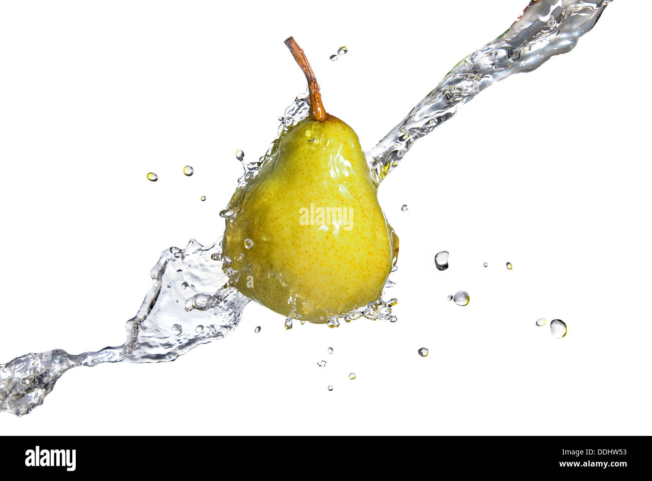 yellow pear with water splash isolated on white Stock Photo - Alamy